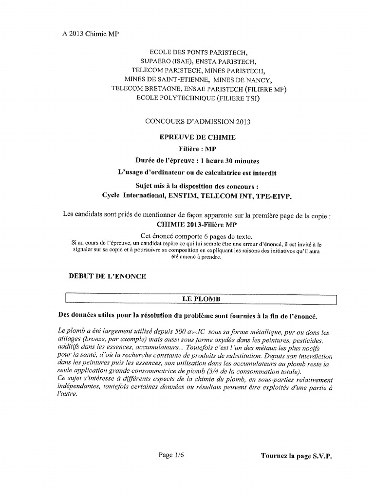 Mines Ponts MP 2013 Chimie Enonce | PDF