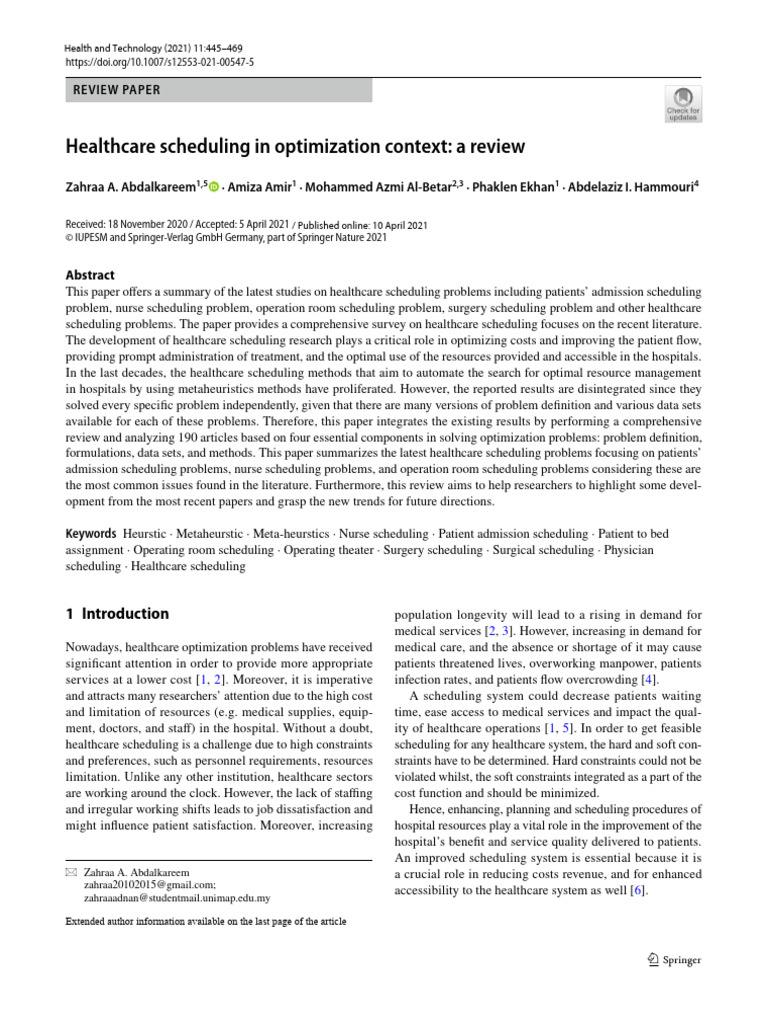 Healthcare Scheduling in Optimization Context A Review | PDF | Health Care | Hospital