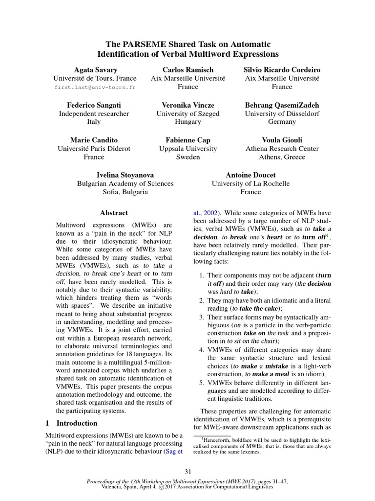 The PARSEME Shared Task On Automatic Identification of Verbal Multiword Expressions | PDF ...