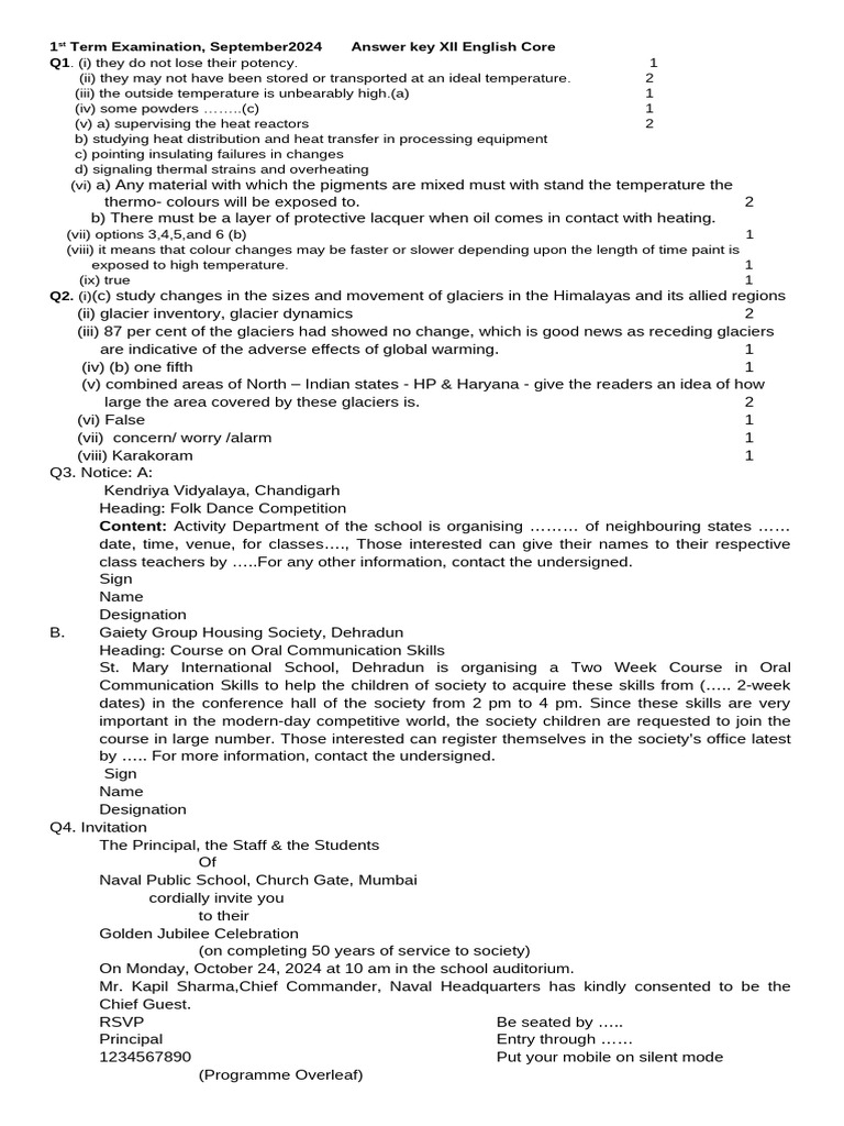 Answer Key Xii Eng1st Term Examination | PDF