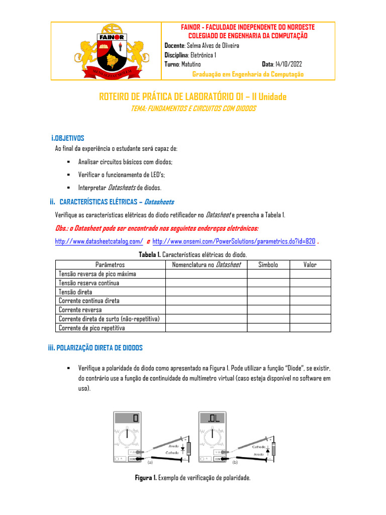 Roteiro de Laborat-Rio 01 - Eletr-Nica 1 - Circuitos Com Diodos - 2022.2 | PDF | Diodo | Diodo ...