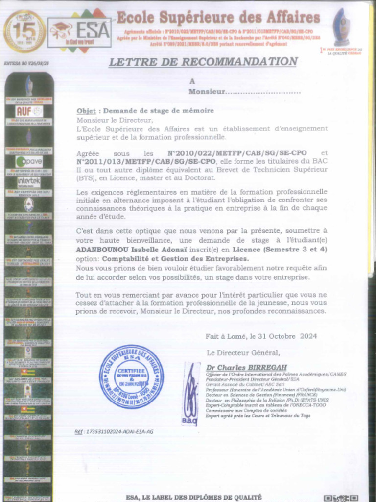 Lettre Recommandation ADANBOUNOU Isabelle | PDF
