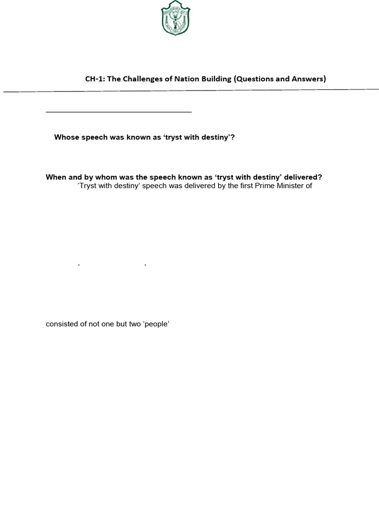 Political Science Q&A: Nation Building Challenges | PDF | Partition Of ...