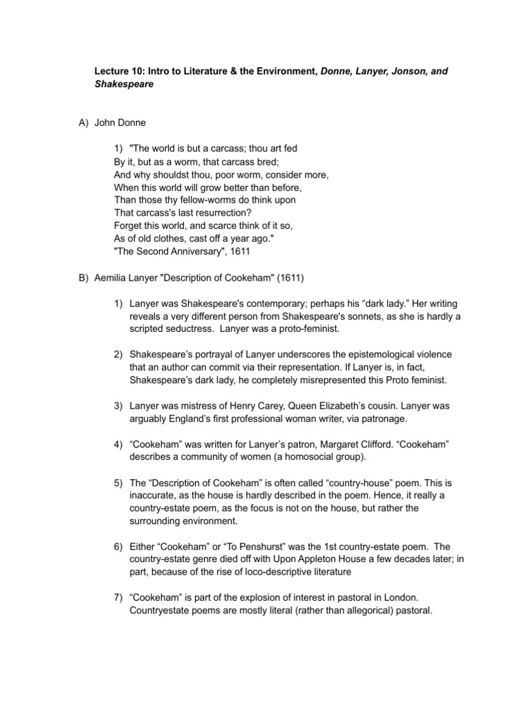 Lecture 10 Intro To Literature The Environment Donne Lanyer Jonson and ...