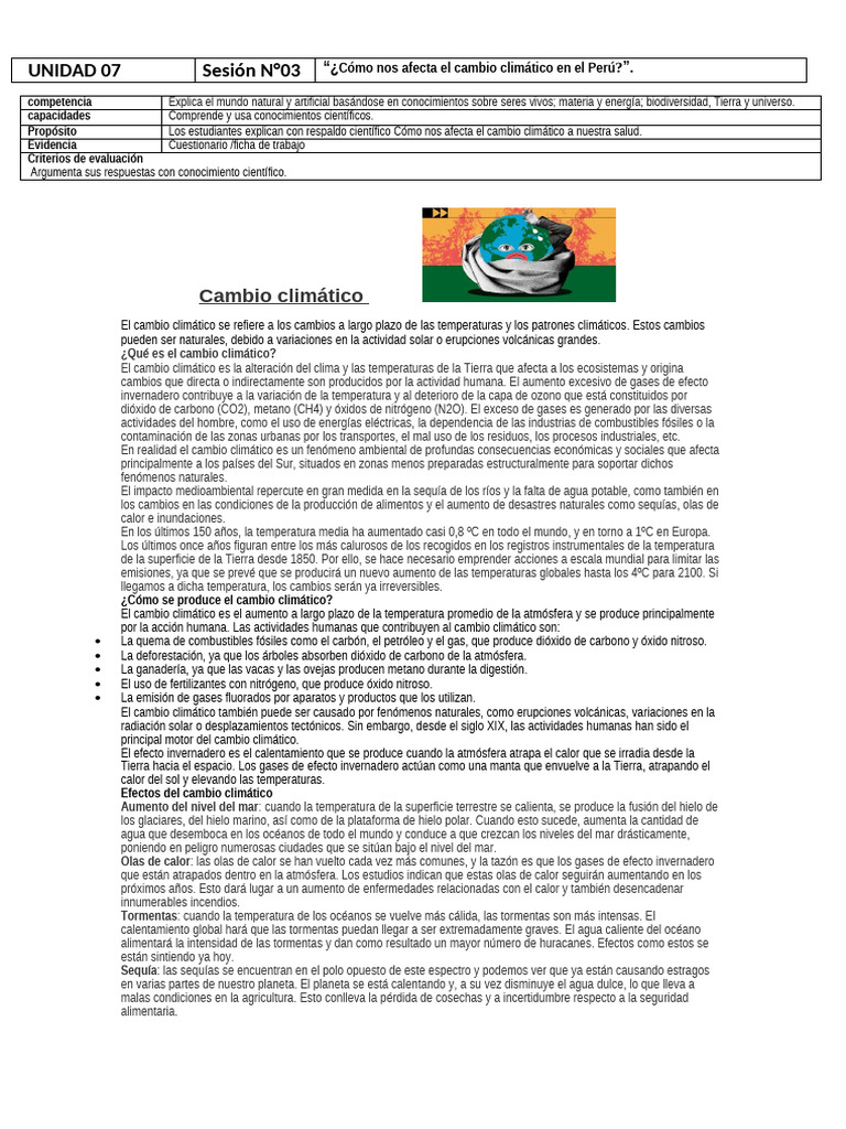Ficha de Trabajo Del Cambio Climatico | PDF | Gases de efecto ...