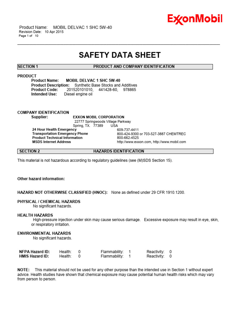 Mobil Delvac 1 SHC 5W 40 MSDS | PDF | Chemistry | Workplace