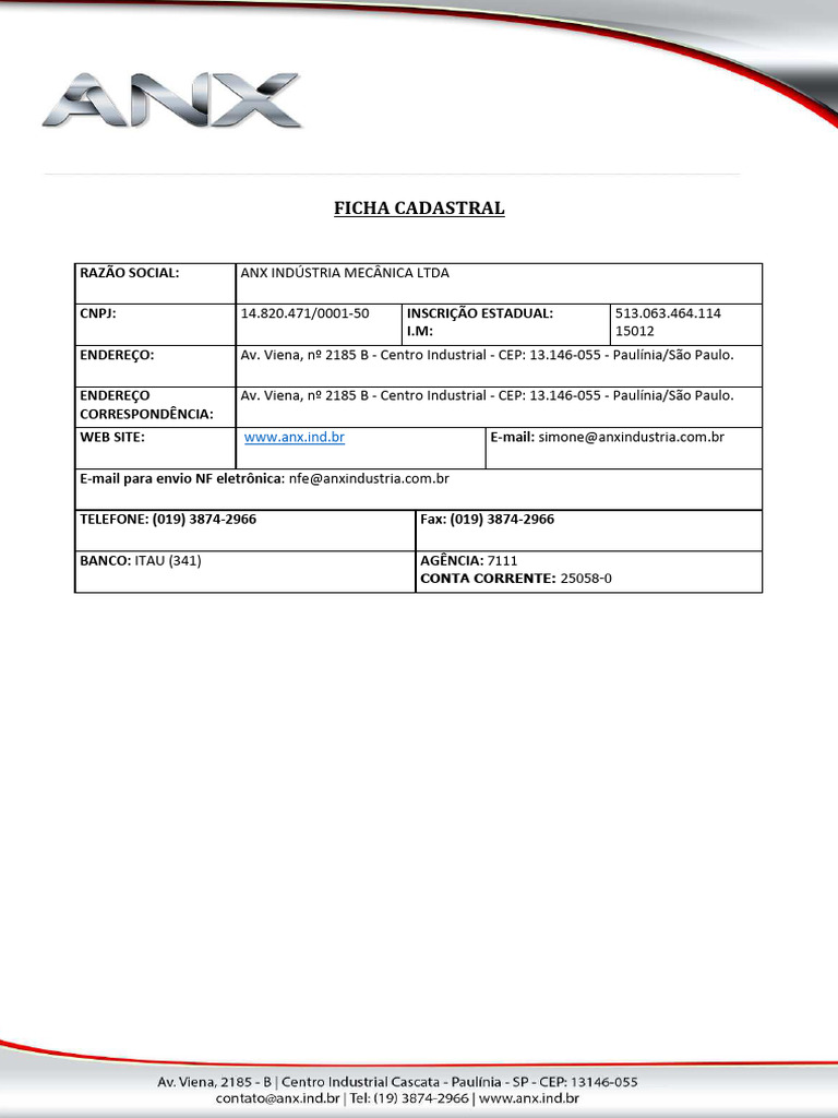 Ficha Cadastral Anx INdustria CO | PDF
