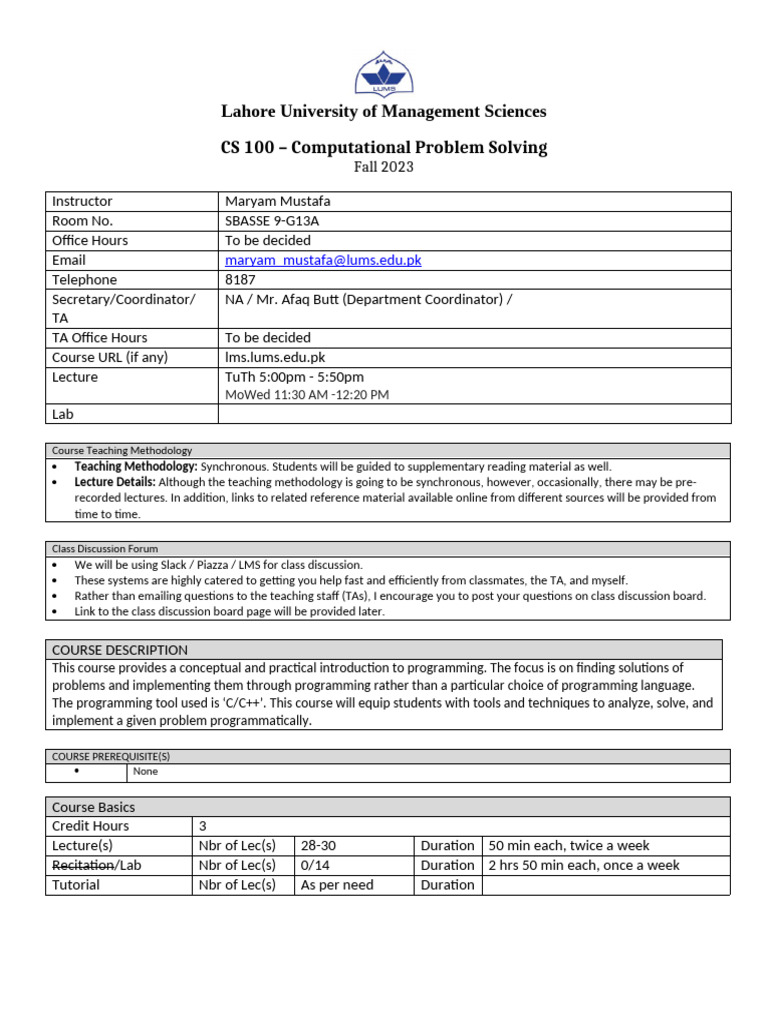 CS 100 Outline - Fall2023 | PDF | Computer Program | Programming