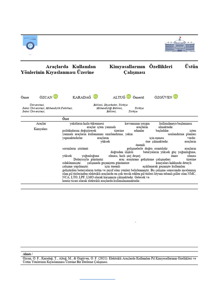 Elektrikli Ara Larda Kullan Lan Pil Kimyasallar N N Zellikleri Ve ST N Y Nlerinin K Yaslanmas ...