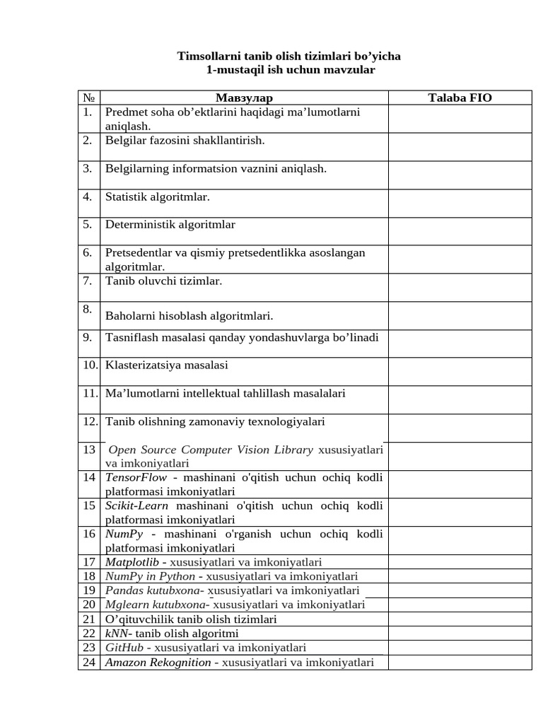 Timsollarni tanib olish tizimlari bo'yicha 1-mustaqil ish uchun mavzular Мавзулар Talaba FIO | PDF