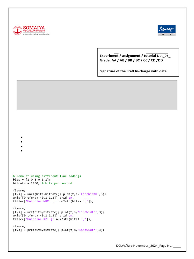 DCOM - EXP6 - Line Coding | PDF | Spectral Density | Data Transmission