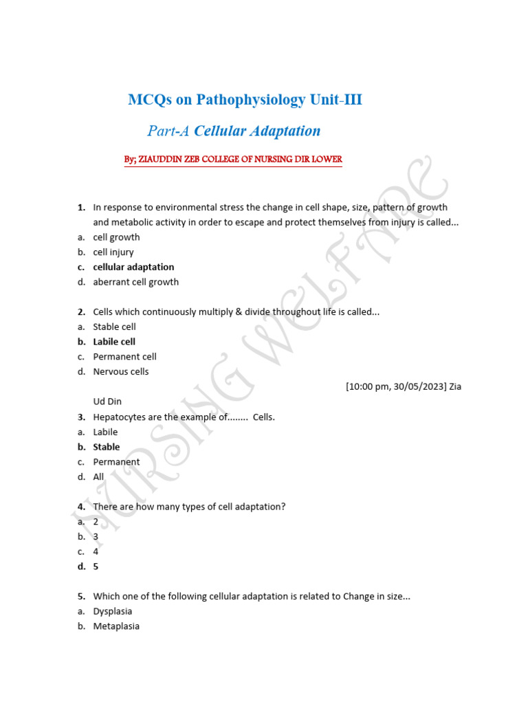 MCQs of Pathophysiology Unit-3 Cellular Adaptaion | PDF | Biology | Medical Specialties