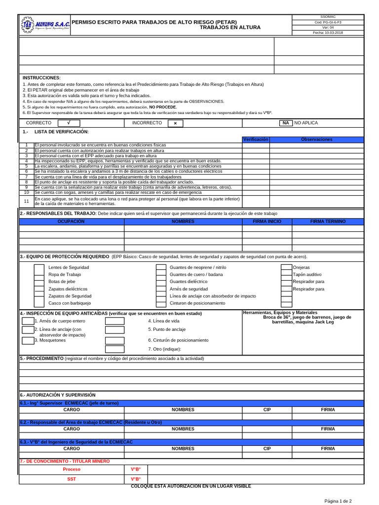 Permiso Escrito para Trabajos de Alto Riesgo (Petar) Trabajos en Altura | PDF