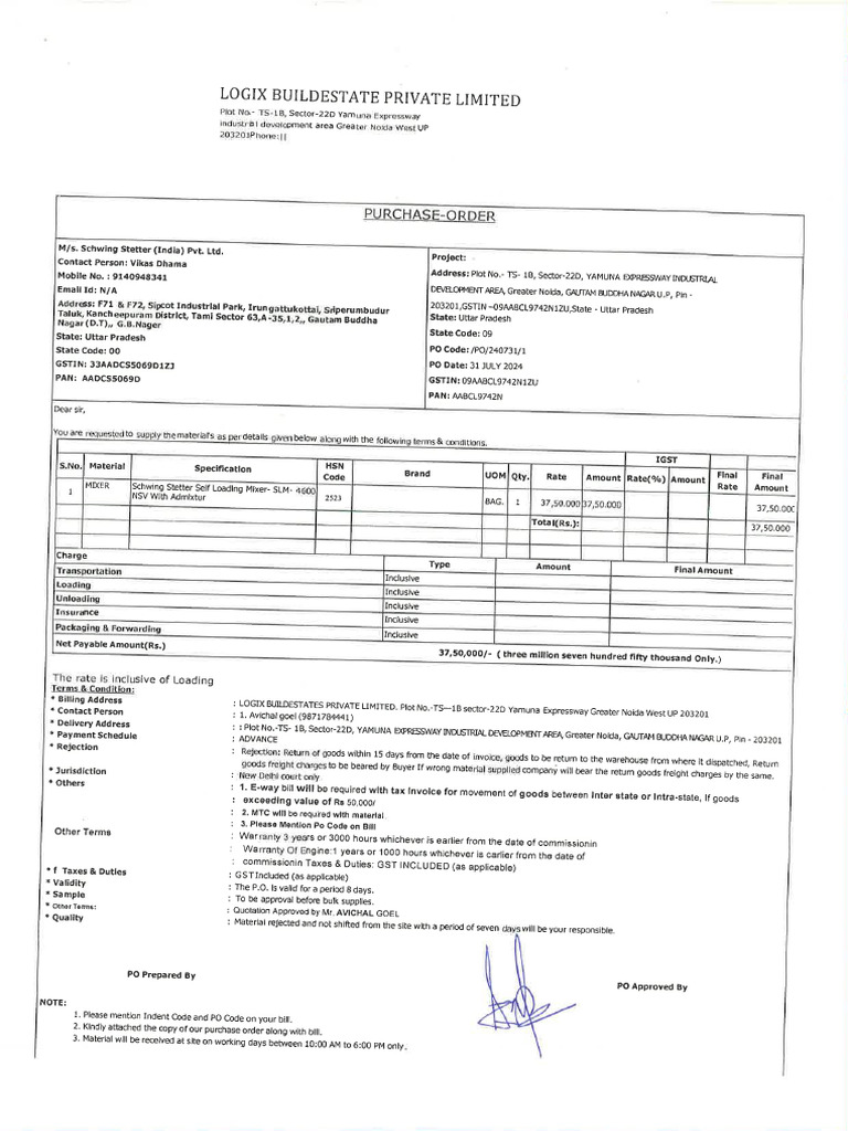 Schwing Stetter (India) Pvt. Ltd. LOGIX Sign PO | PDF