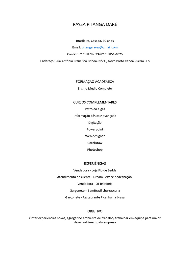 Curriculo Raysa Pitanga 2 | PDF