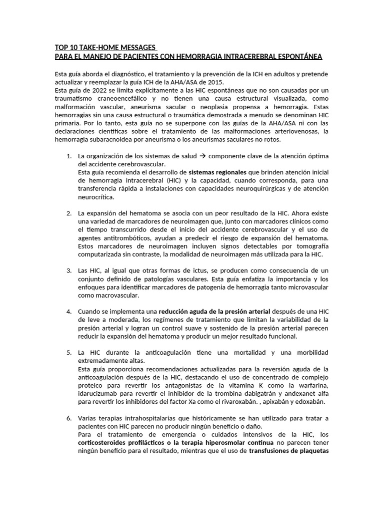 Manejo de Pacientes Con Hemorragia Intracerebral Espontánea | PDF ...