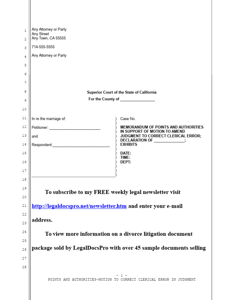 Motion To Correct Clerical Error in Divorce Judgment | PDF | Judgment (Law) | Separation Of Powers