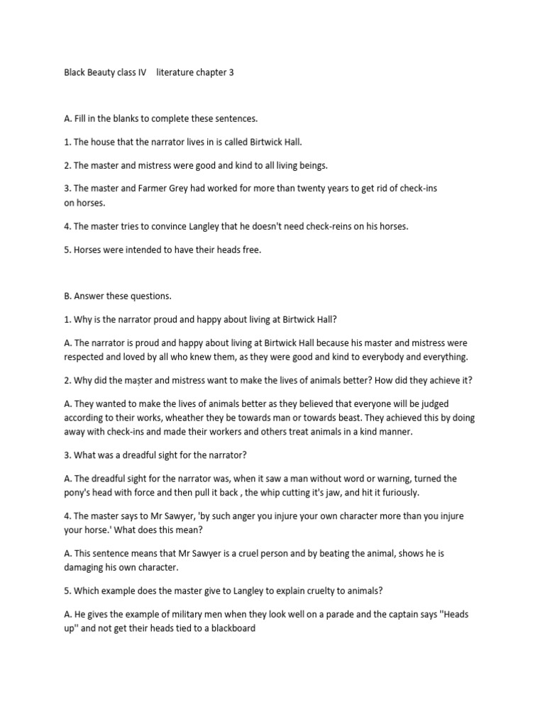 Black Beauty Chapter 3 Summary and Activities | PDF | Black Beauty