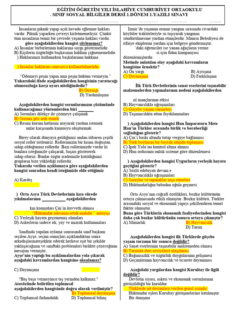 6.sınıf Sos.1.Dön. 1.02 Sınavı - (Cevaplı) | PDF