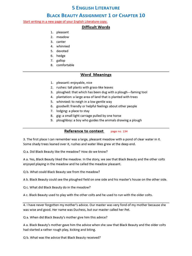 Black Beauty Chapter 10 Assignment Guide | PDF