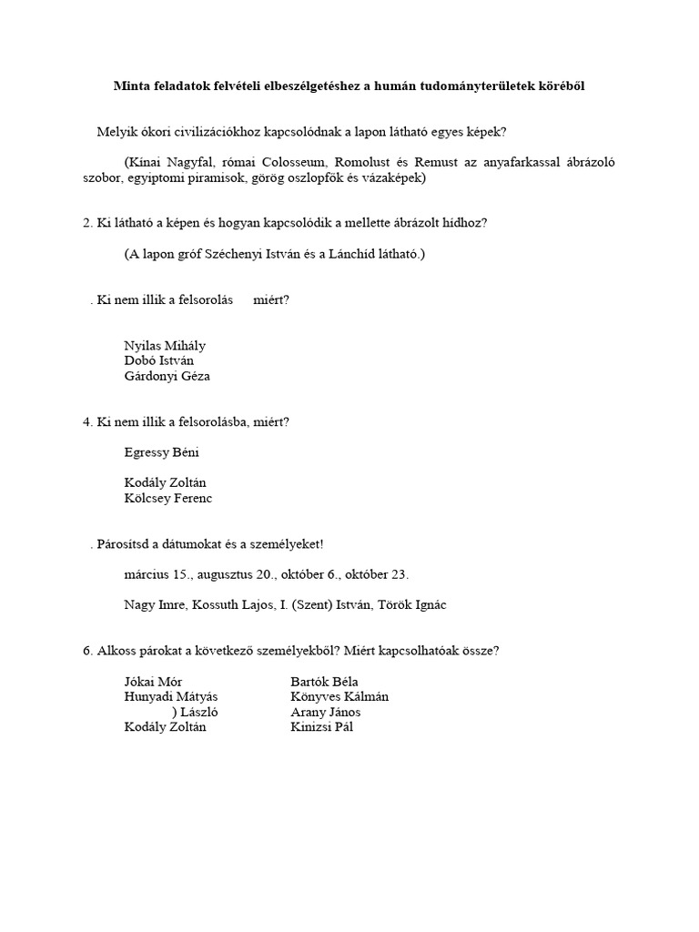 Minta Feladatok Felvételi Elbeszélgetéshez A Humán Tudományterületek Köréből | PDF
