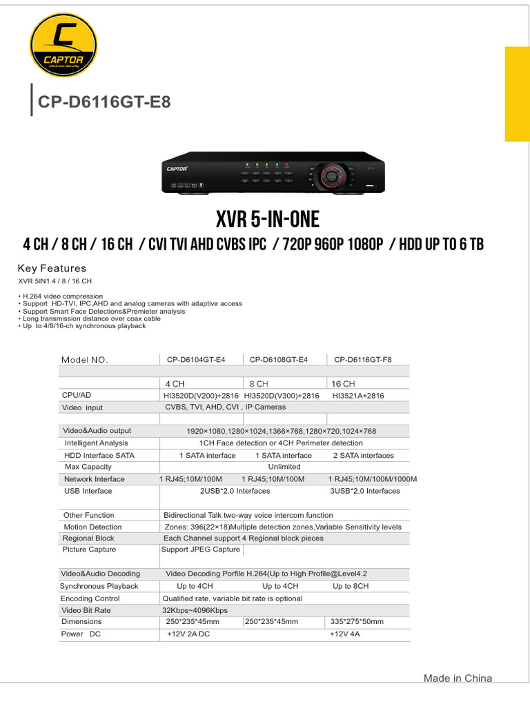 Fiche Technique XVR 16 CH Captor | PDF