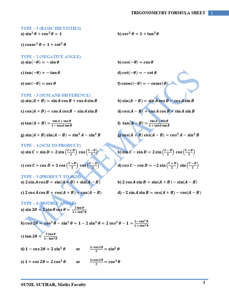Trigonometry Formula Sheet | PDF | Mathematics | Elementary Geometry