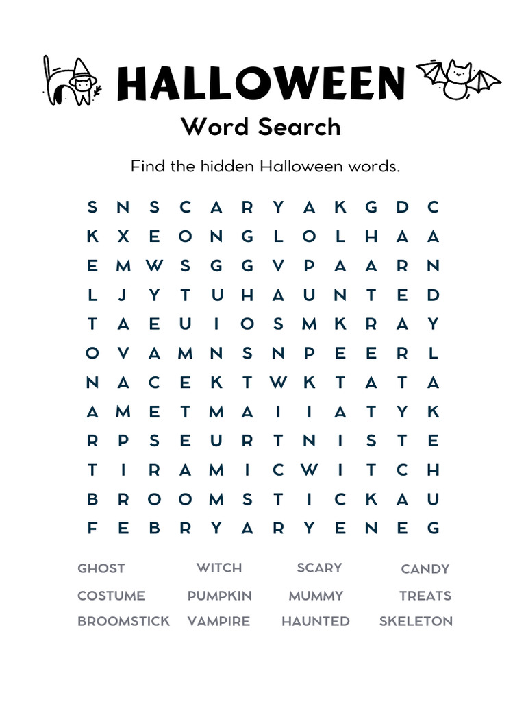 Halloween Word Search Worksheet in Black and White Cute Style | PDF