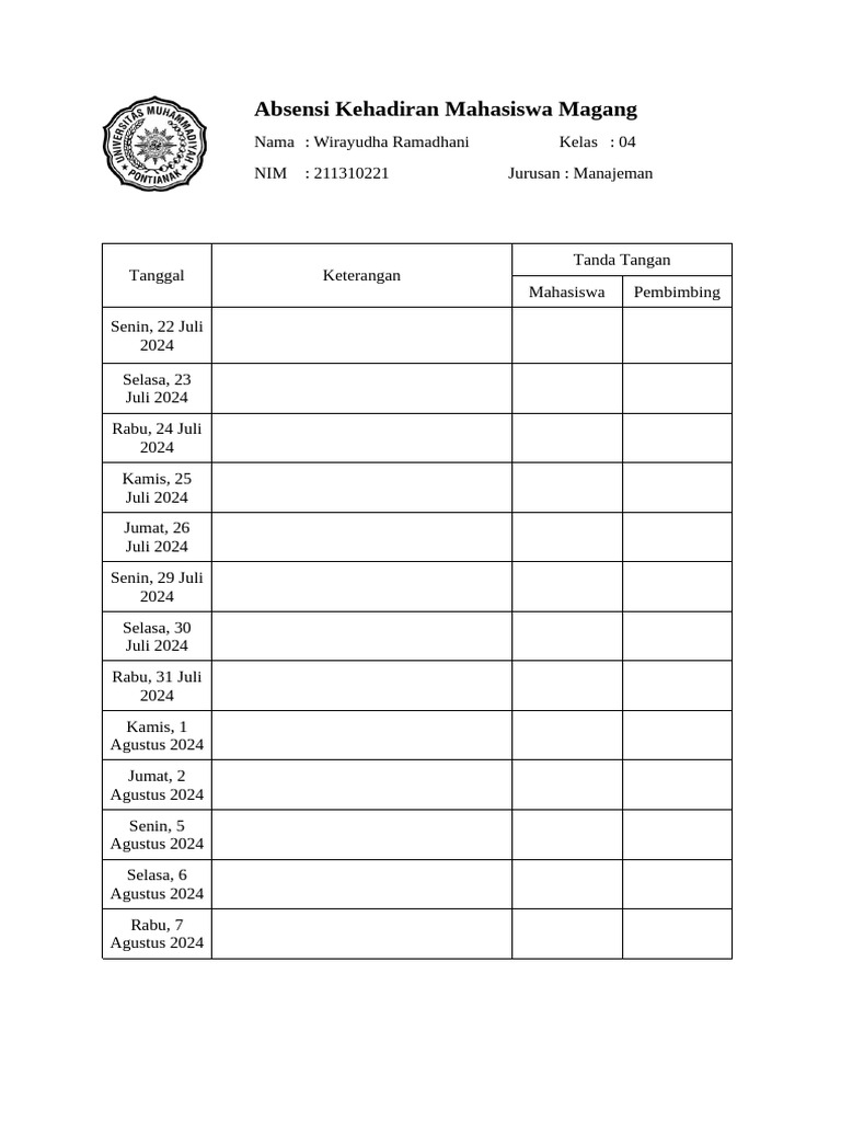Absensi Kehadiran Mahasiswa Magang Wira | PDF