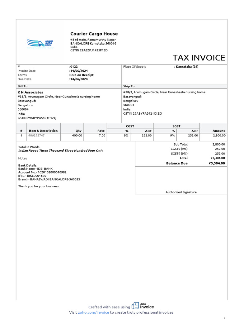 Tax Invoice: Courier Cargo House | PDF | Business Documents | Payments