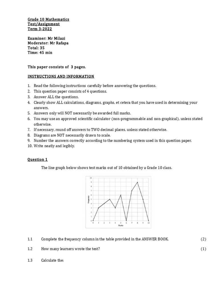 Grade 10 Term 3 Math Test 2022 | PDF