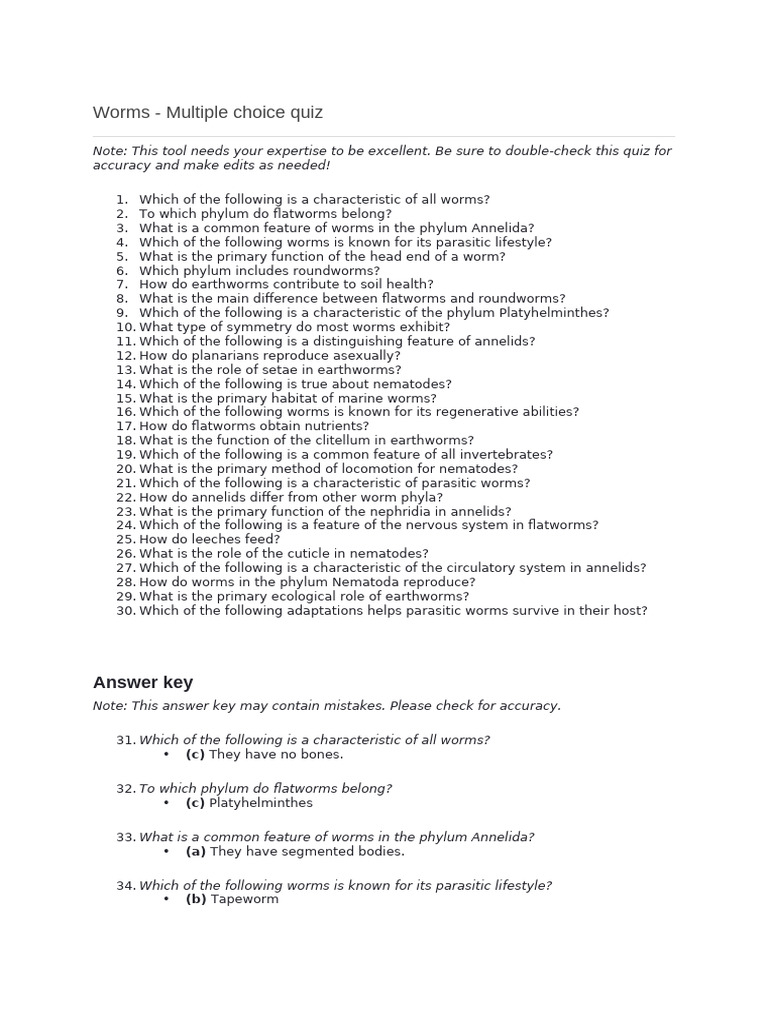 Worms - Multiple Choice Quiz | PDF | Nematode | Invertebrate