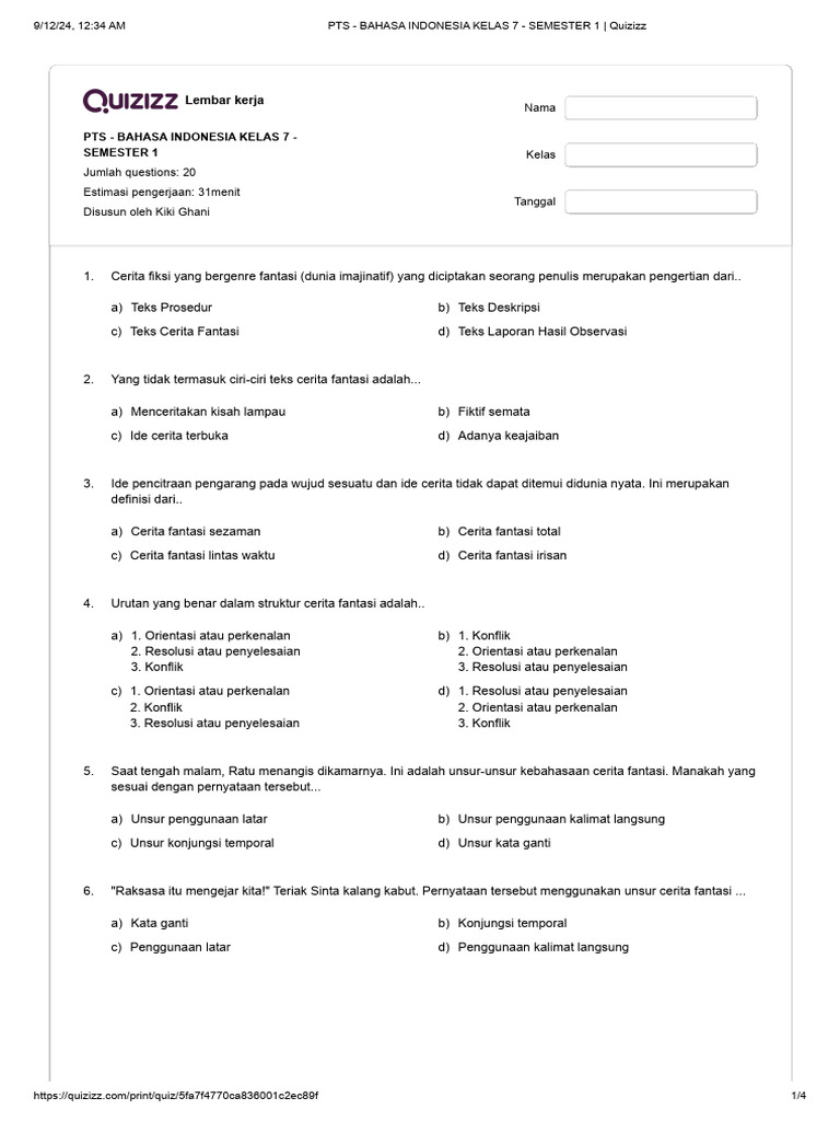 KELAS 7 - SOAL PTS B. INDO (Kamis, 12 Sep 2024) | PDF | Dewasa Muda