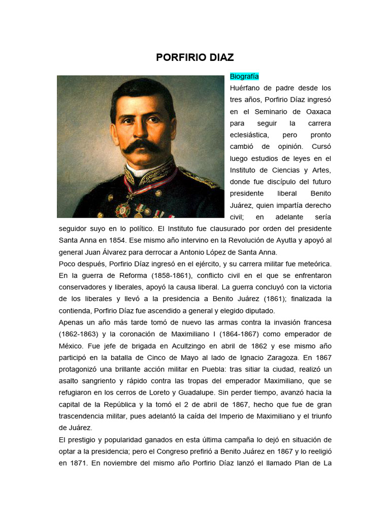 Biografía De Porfirio Díaz El Porfiriato Pdf México