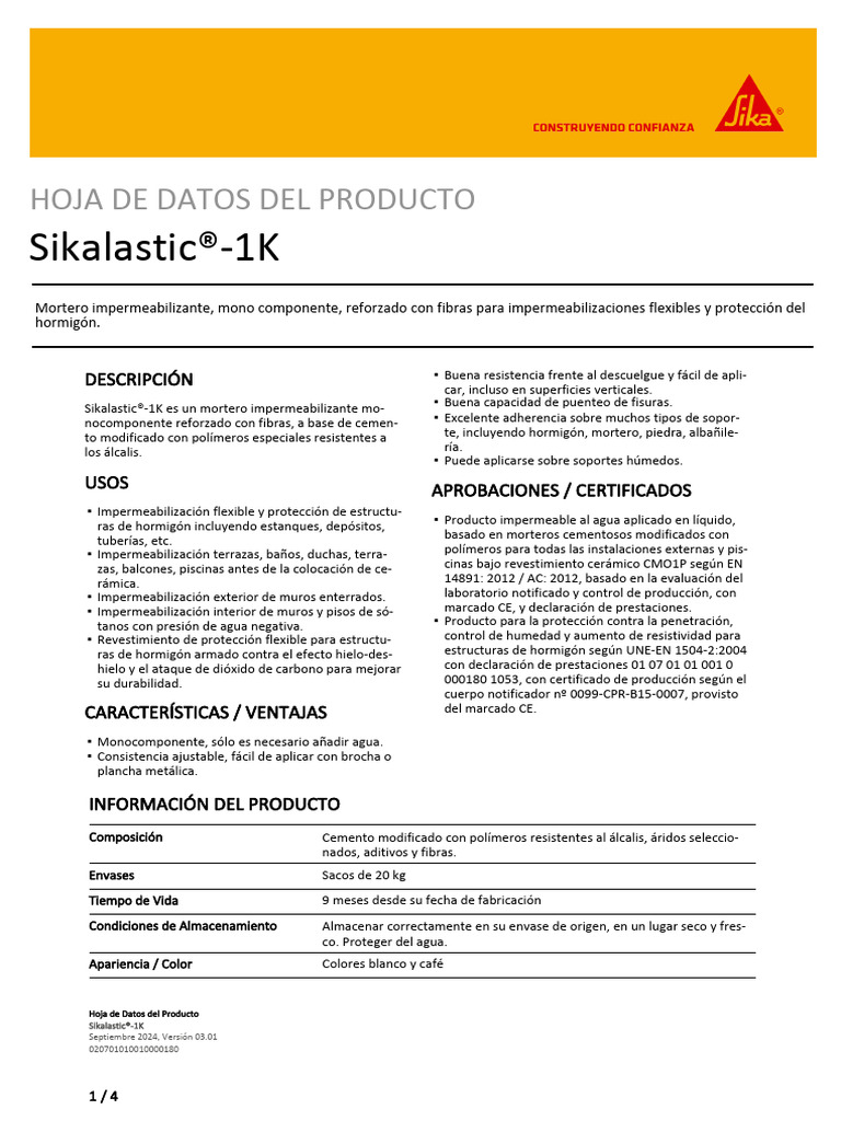 Sikalastic 1k | PDF | Hormigón | Agua