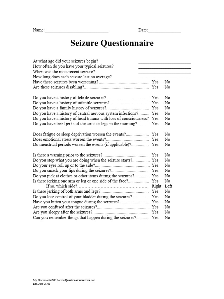 Seizure Questionnaire Form | PDF | Episodic And Paroxysmal Disorders ...
