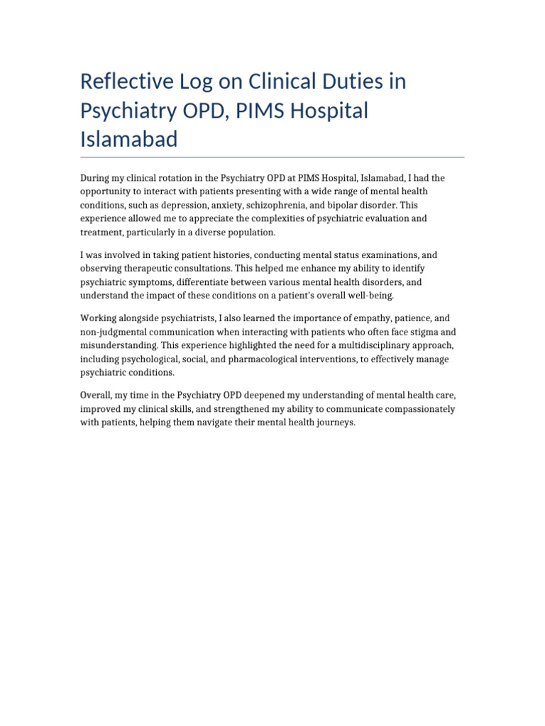 Reflective Log Psychiatry OPD PIMS | PDF | Self-Improvement