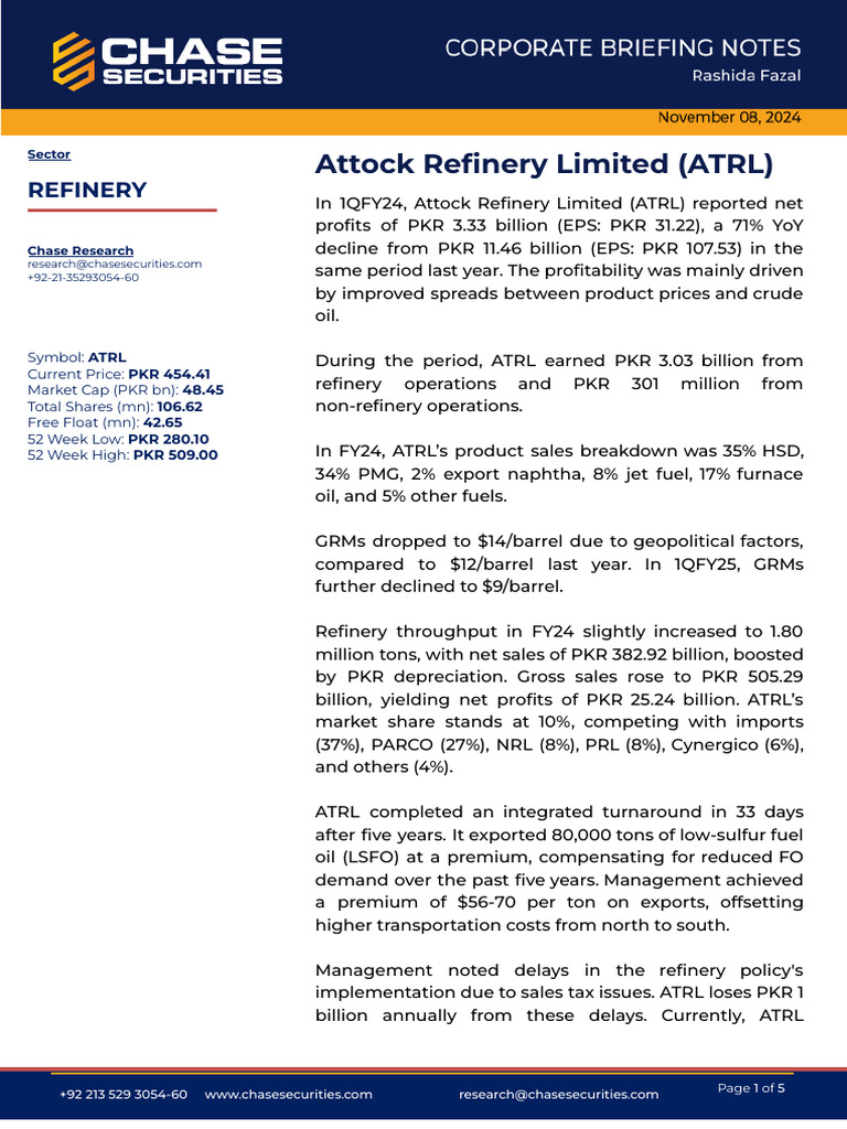 Corporate Briefing Notes - ATRL | PDF | Gasoline | Oil Refinery