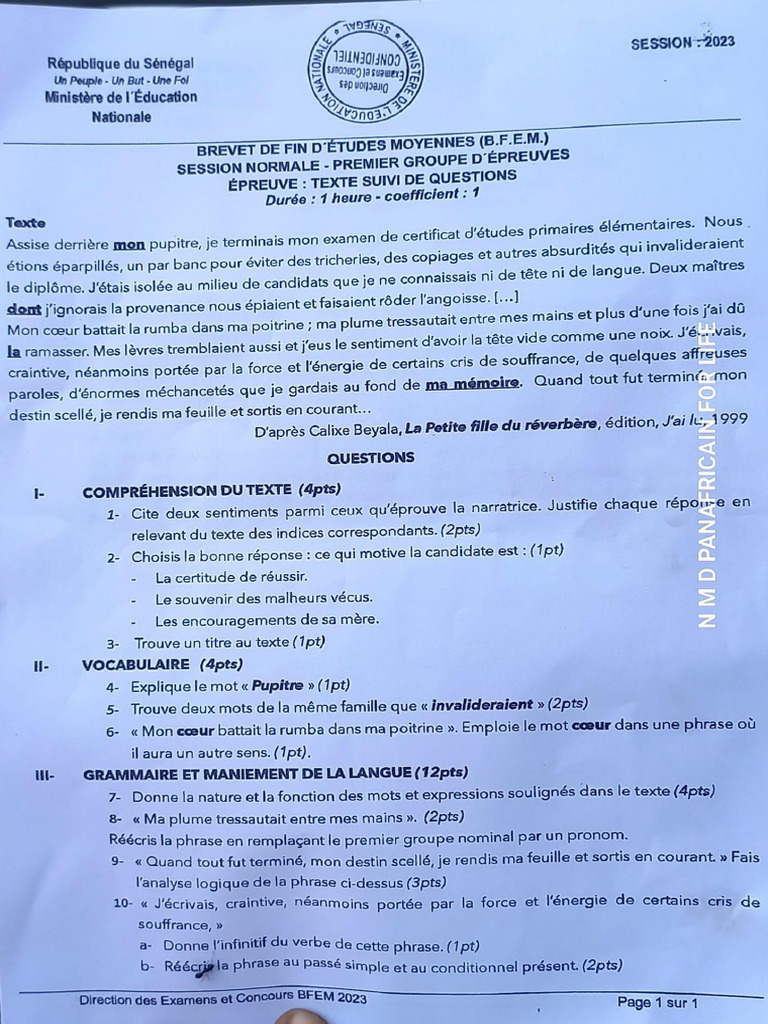 BFEM 2024 : Épreuve de français corrigée | PDF | Arts du langage et ...