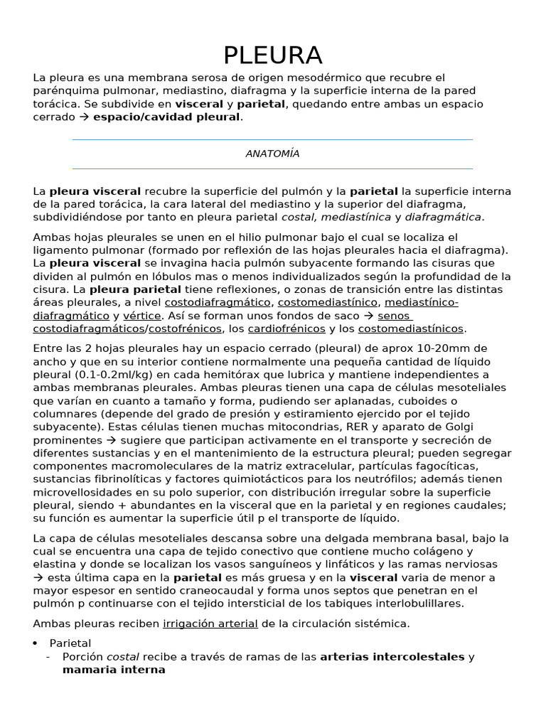 Anatomía y Fisiología de la Pleura | PDF | Pulmón