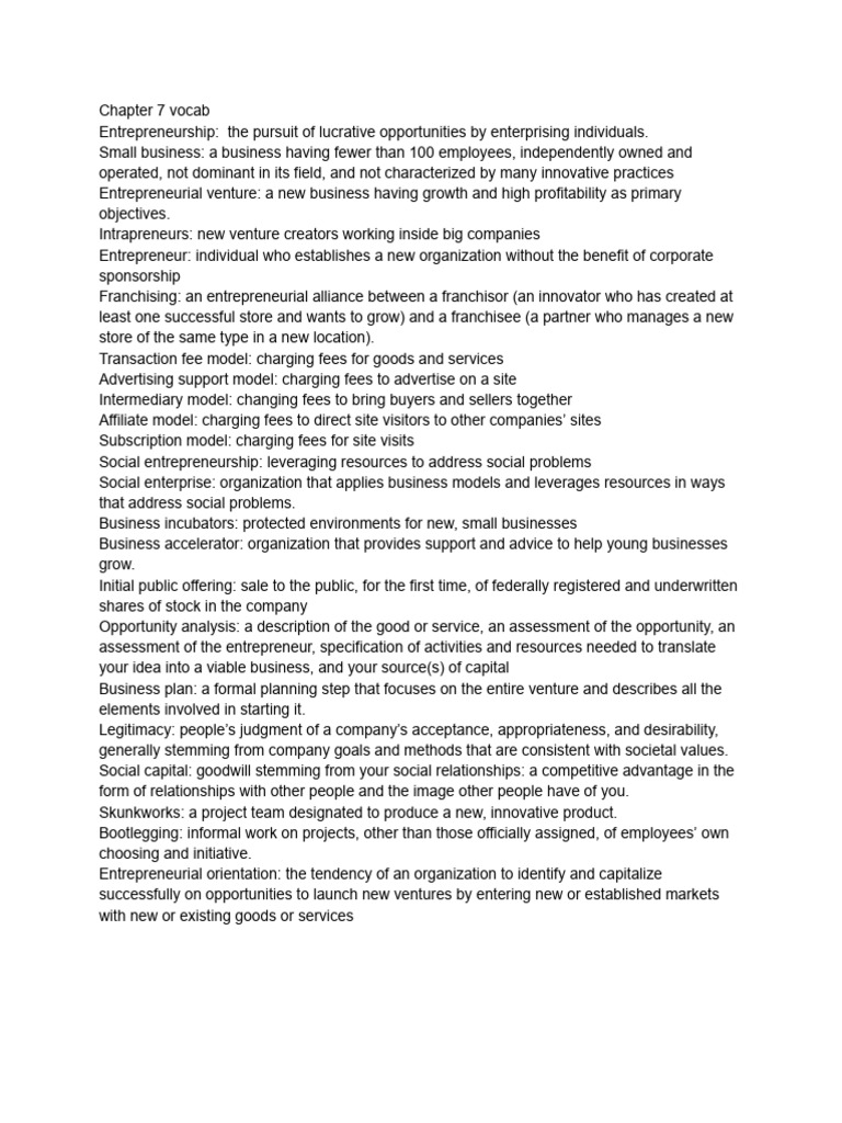 Chapter 7 vocab | PDF | Entrepreneurship | Franchising