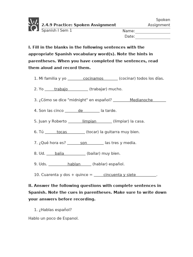 2.4.9 Practice - Spoken Assignment (Spoken Assignment) | PDF