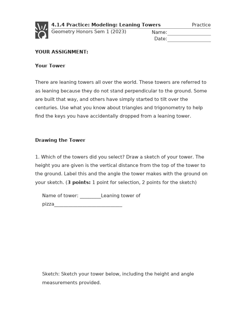 4.1.4 Practice - Modeling - Leaning Towers (Practice) | PDF | Triangle ...