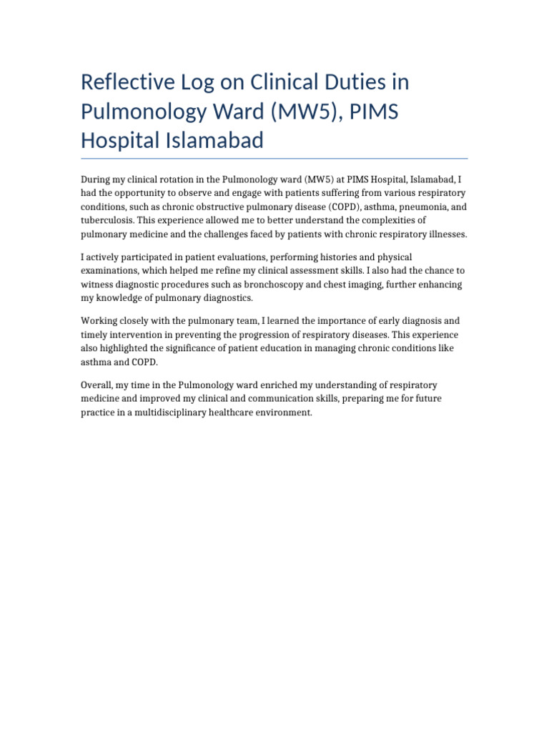 Reflective Log Pulmonology Ward MW5 PIMS | PDF