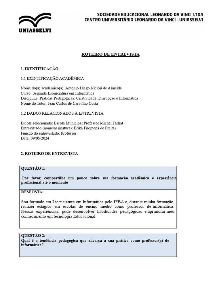 Modelo Roteiro de Entrevista Editável | PDF | Pedagogia