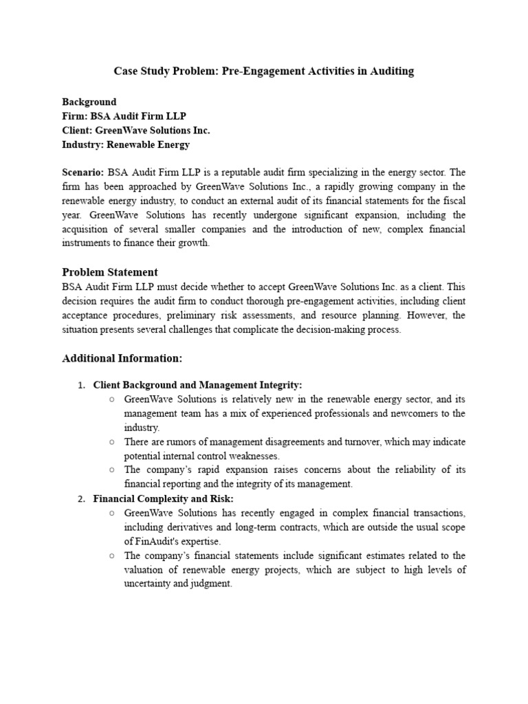 Tudy Problem - Pre Engagement Activities in Auditing | PDF | Audit | Risk