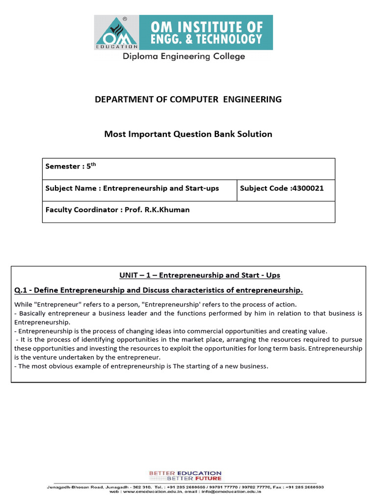 Most Imp Question Bank Solution Es | PDF | Entrepreneurship | Supply ...