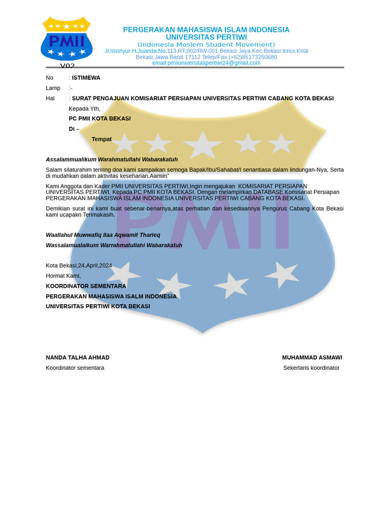 Surat Permohonan Komisariat Persiapan Pmii Universitas Pertiwi ...