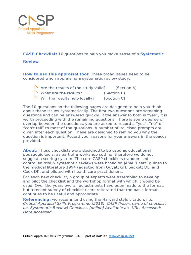 Casp Systematic Review Checklist | PDF | Systematic Review | Health Care