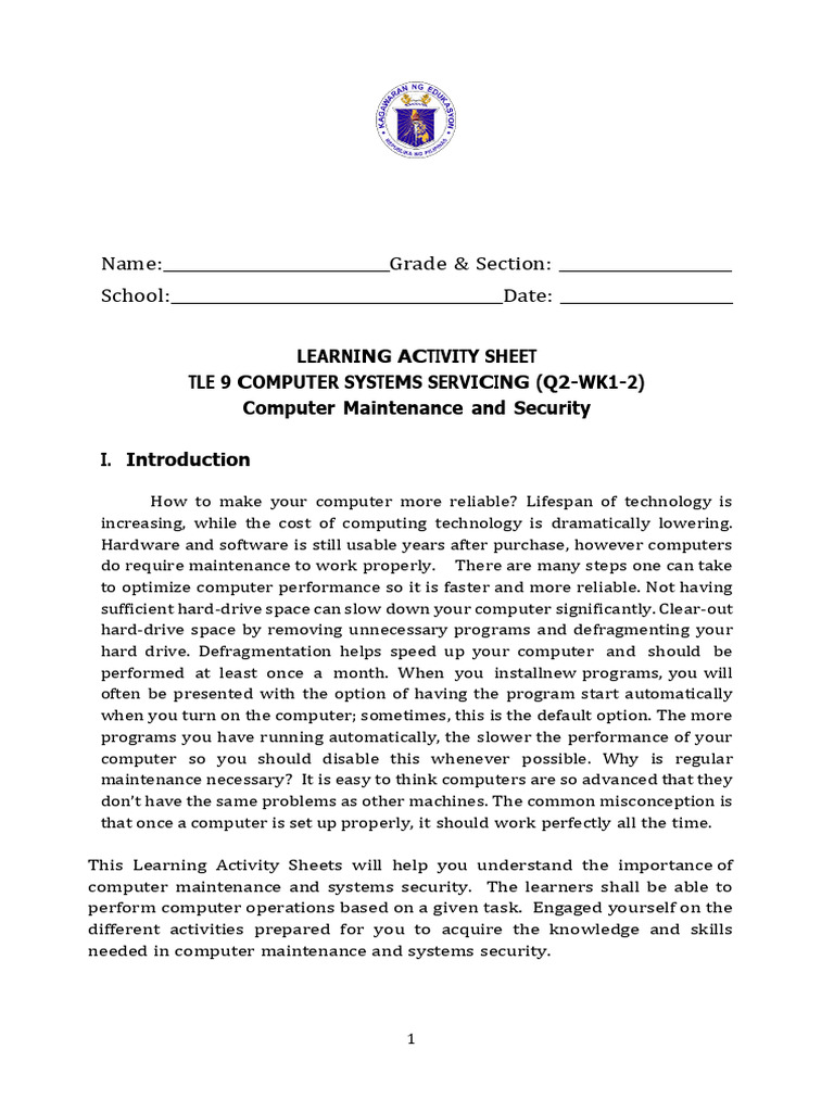 TLE9 CSS Q2 Wk1-2 Computer-Maintenance-and-Security PDF | PDF | Computer Virus | Malware